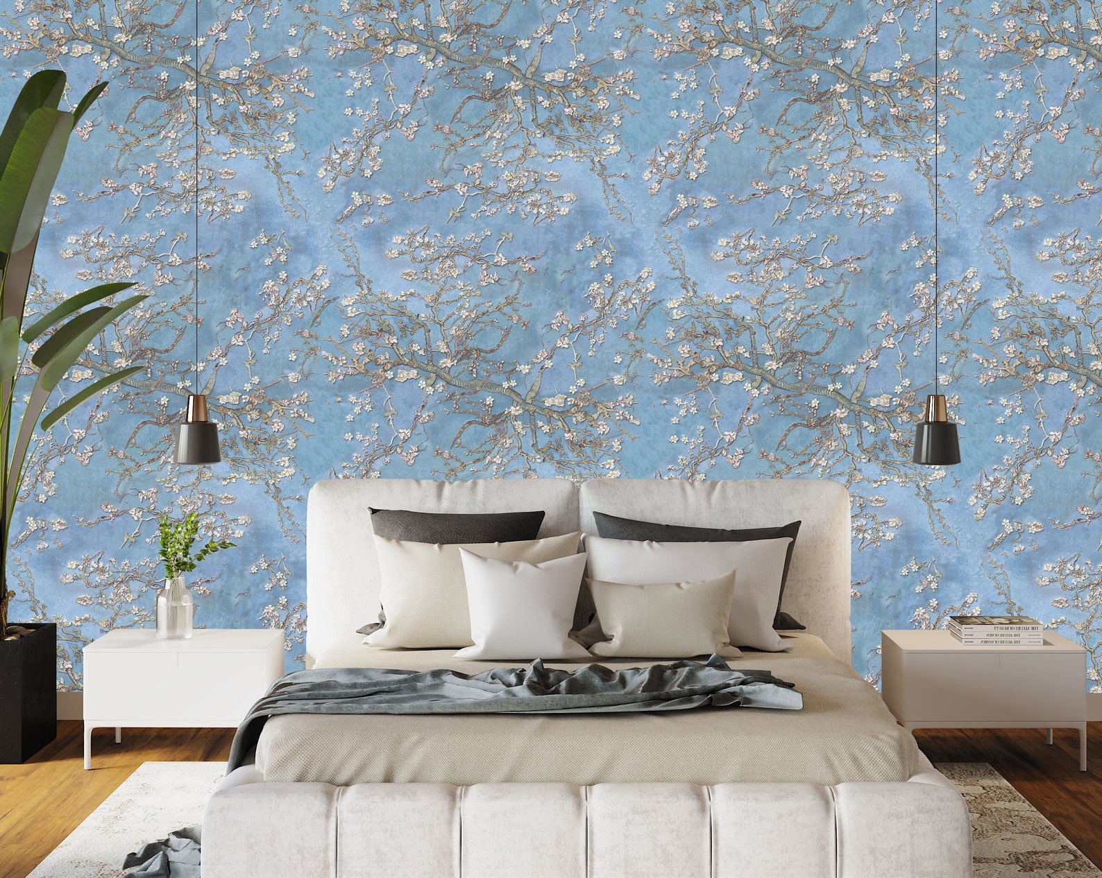 Blue Floral Wallpaper, Cherry Blossom Wallpaper, Chinoiserie Wallpaper ...