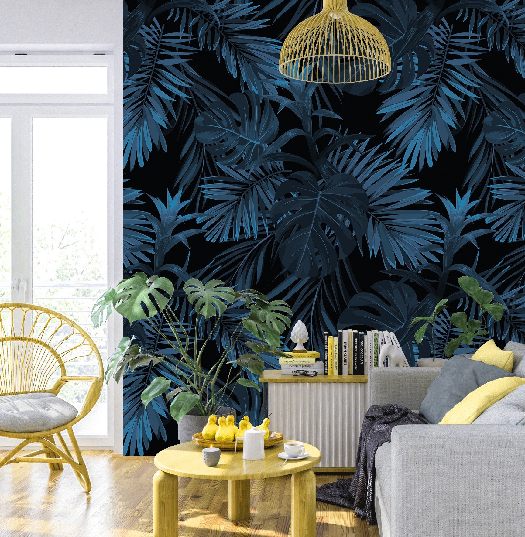 Blue Tropical Wallpaper Palm Leaf Wallpaper Dark Peel and - Etsy
