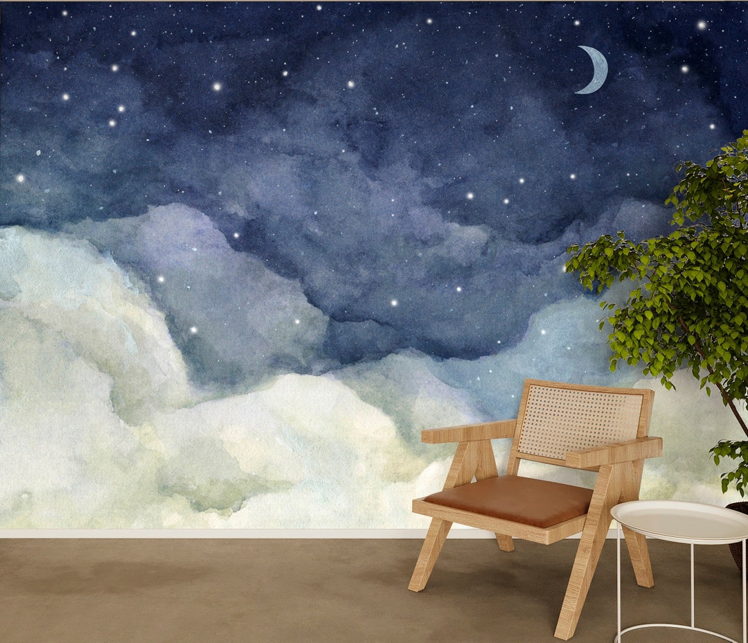 Night Sky Wallpaper Peel and Stick, Crescent Moon Removable Wall Paper ...