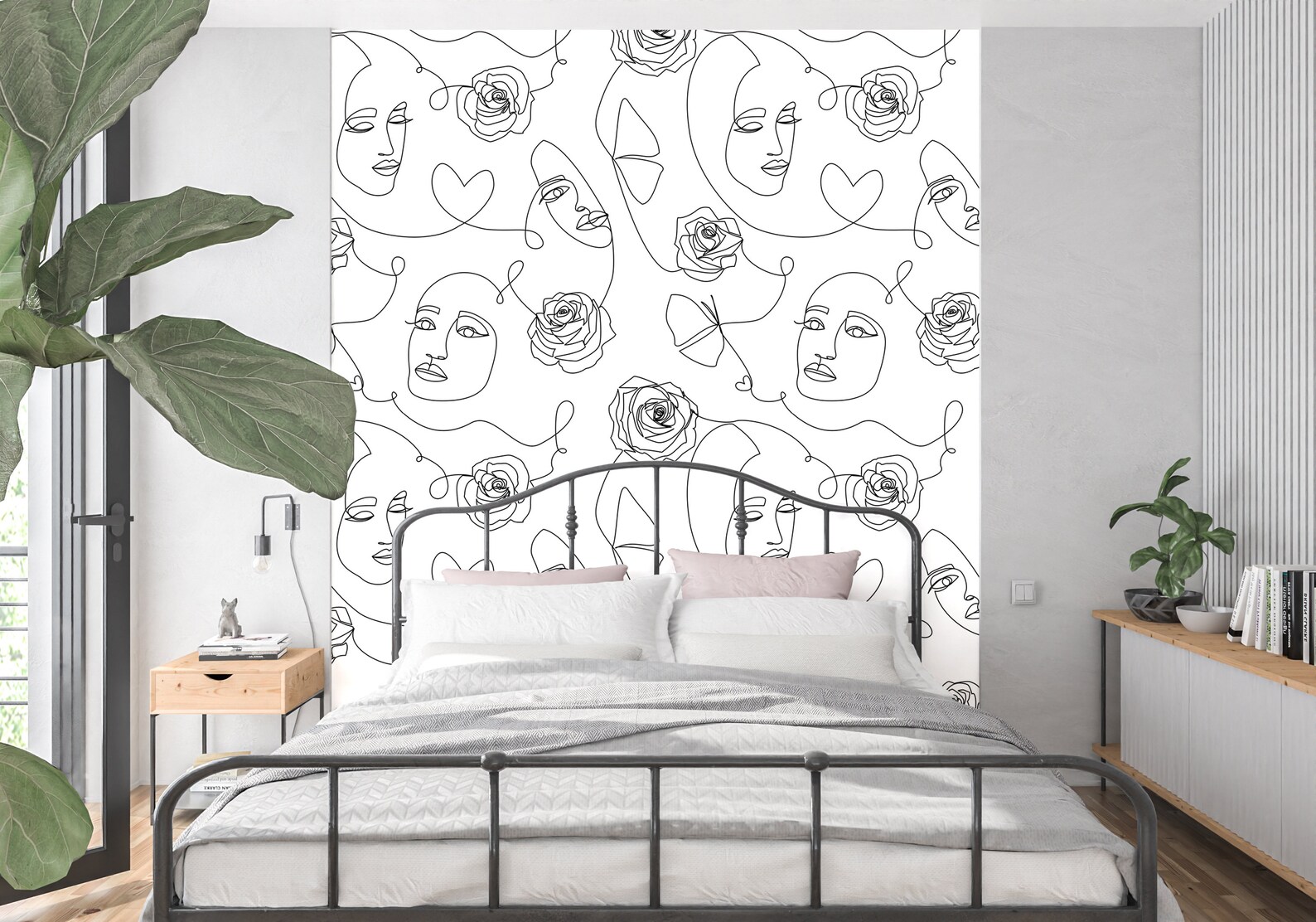 Faces Wallpaper Peel and Stick Wallpaper Black and White, Line Art ...