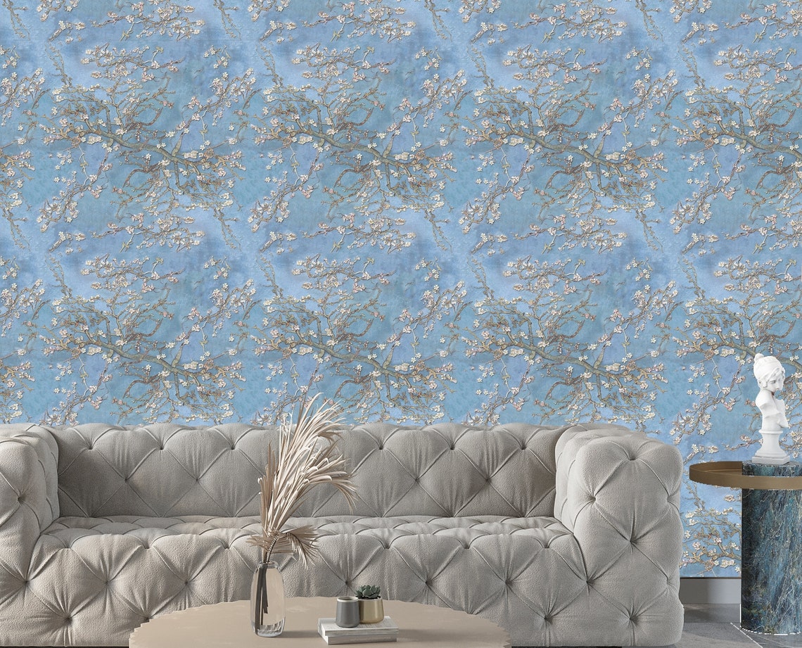 Blue Floral Wallpaper, Cherry Blossom Wallpaper, Chinoiserie Wallpaper ...