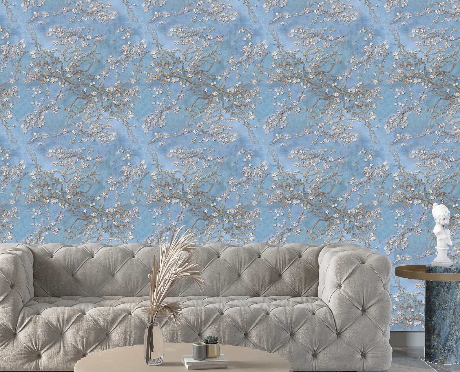Blue Floral Wallpaper Cherry Blossom Wallpaper Chinoiserie - Etsy