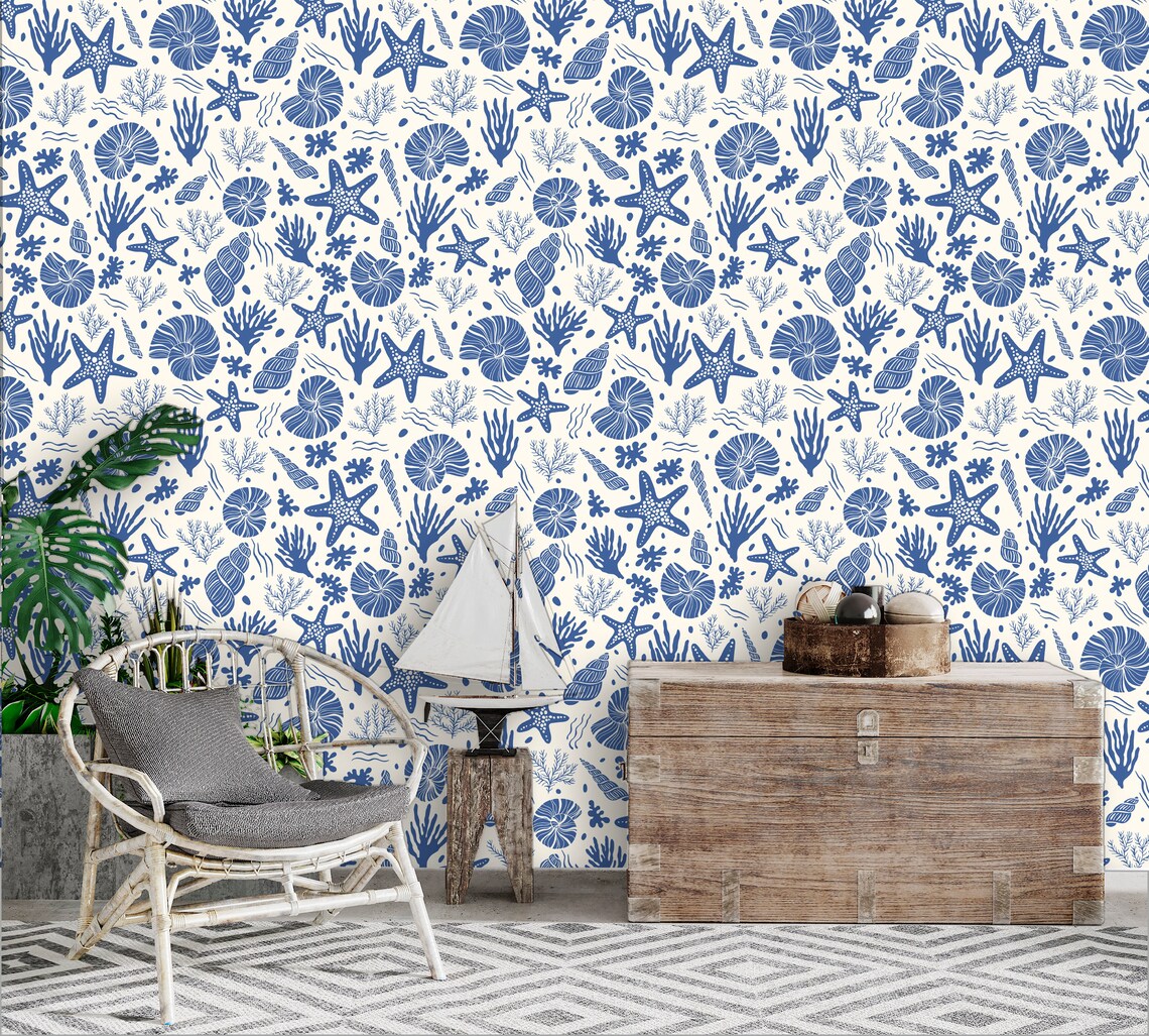Seashell Wallpaper, Starfish Wallpaper Peel and Stick, Coral Wallpaper ...