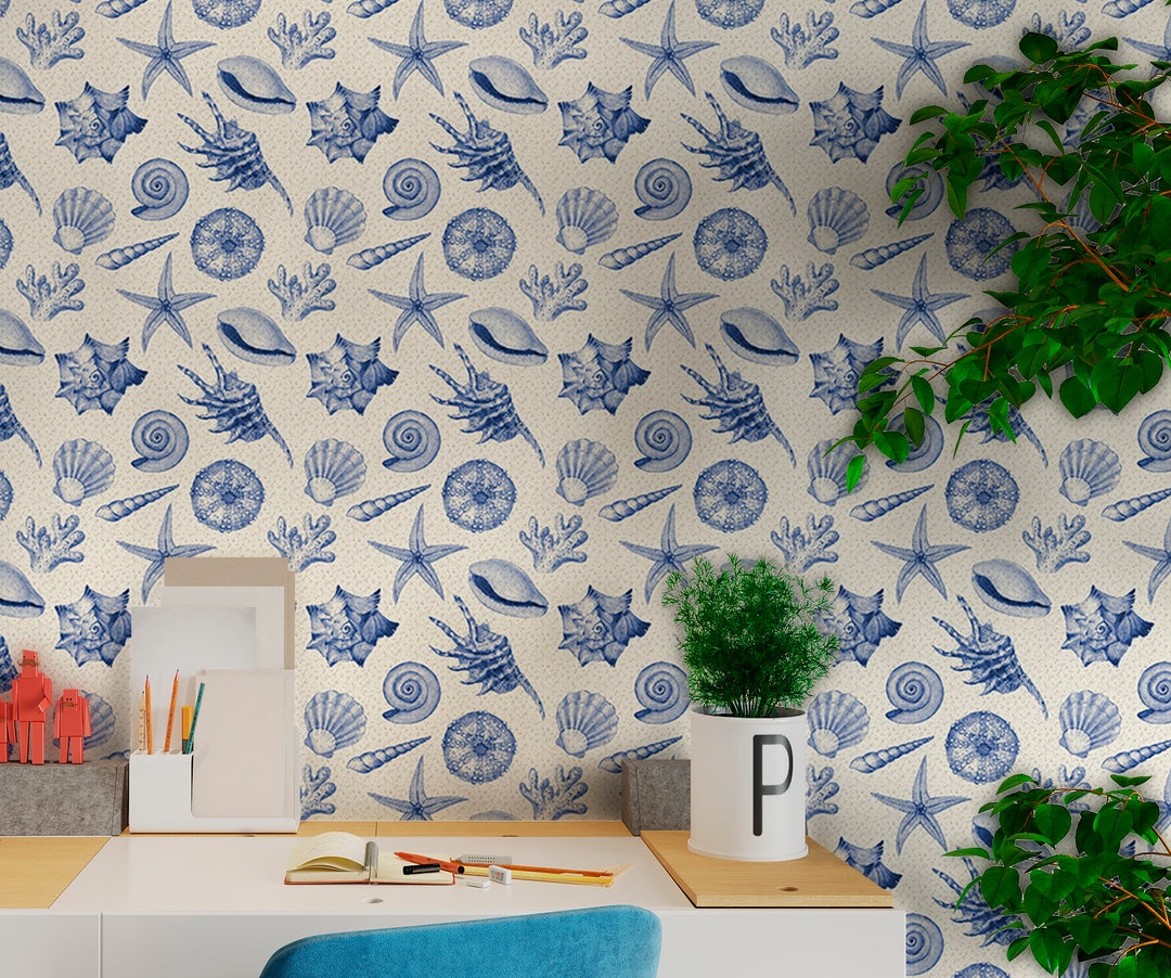 Retro Coastal Wallpaper Peel and Stick, Seashell Starfish Coral ...