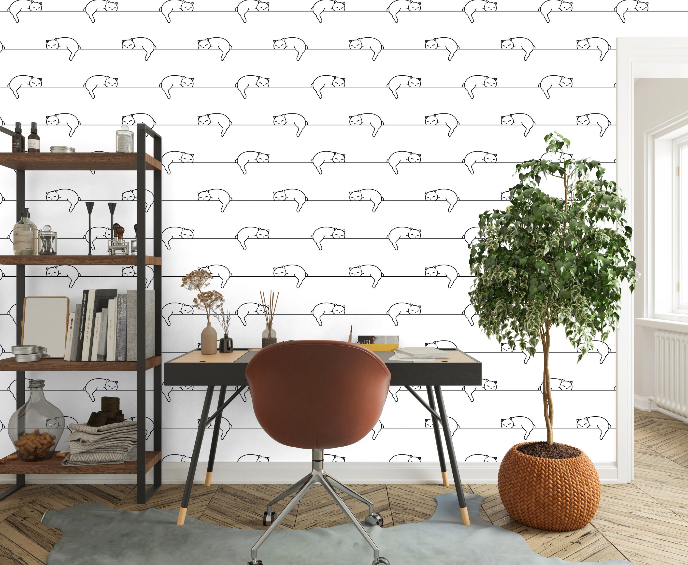 Cat Wallpaper Line Art Wallpaper Peel and Stick Black and | Etsy