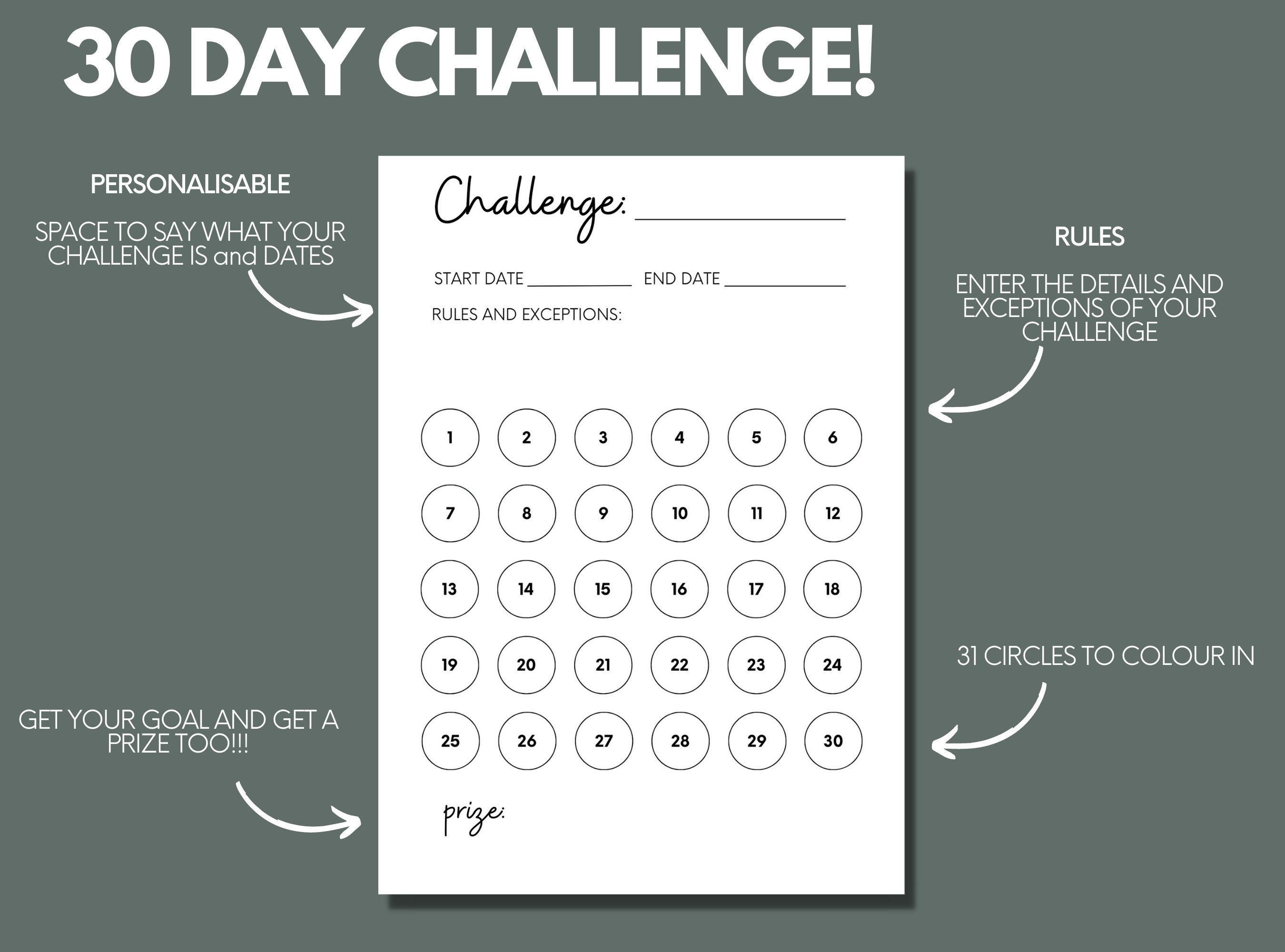 30 Day Challenge Printable, Goal Tracker, Habit Tracker, Progress ...