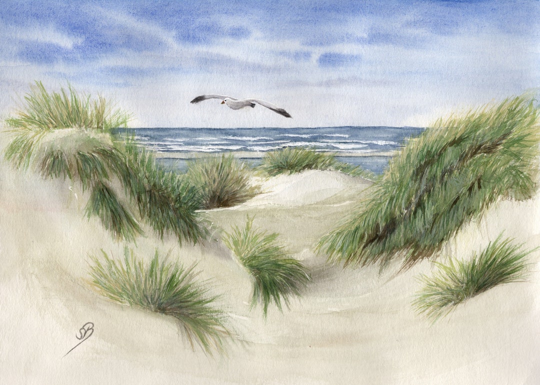 Aquarell DIN A4 Bild Strand Nordsee Dänemark Düne Meer Möwe ...