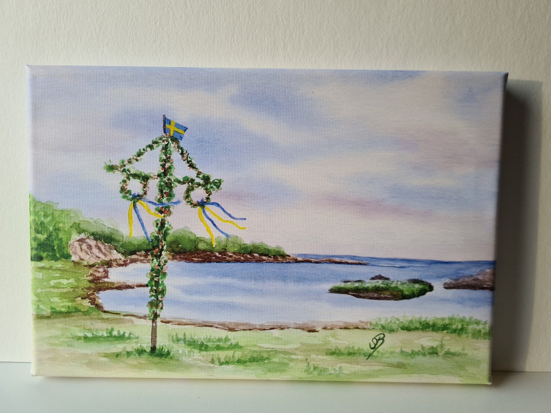 Sweden Midsummer Midsommar Watercolor Picture Print on Canvas Stretcher ...