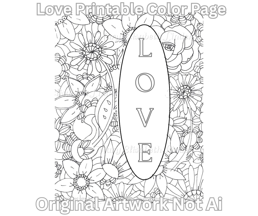 Love and Flowers Printable Color Page Original Artwork Not Ai - Etsy