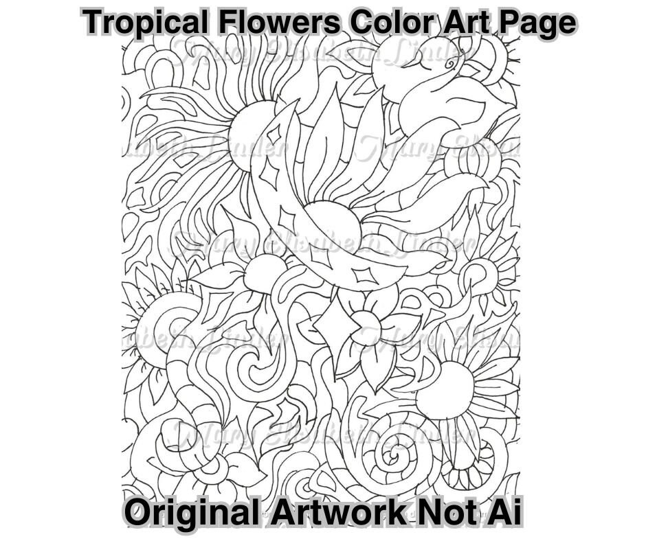 Tropical Flowers Printable Color Art Page - Etsy