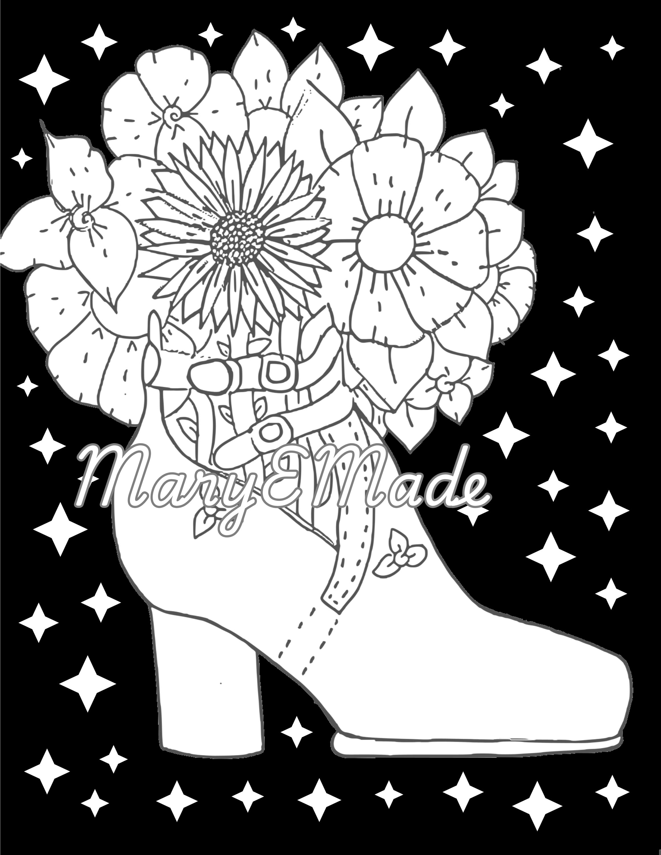 Starry Flower Boot Printable Color Page Original Artwork Not Ai - Etsy