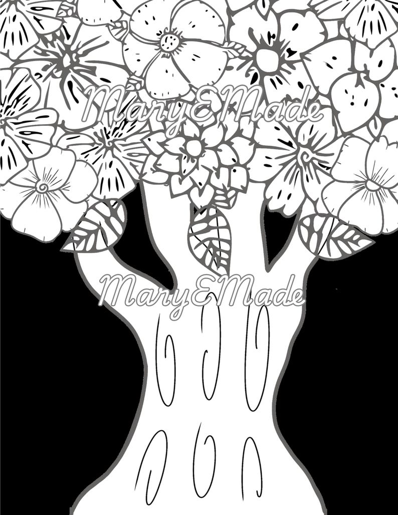 Flower Tree Printable Color Page Original Artwork Not Ai - Etsy