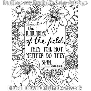 Matthew 6:28 Printable Color Page Original Artwork Not Ai - Etsy