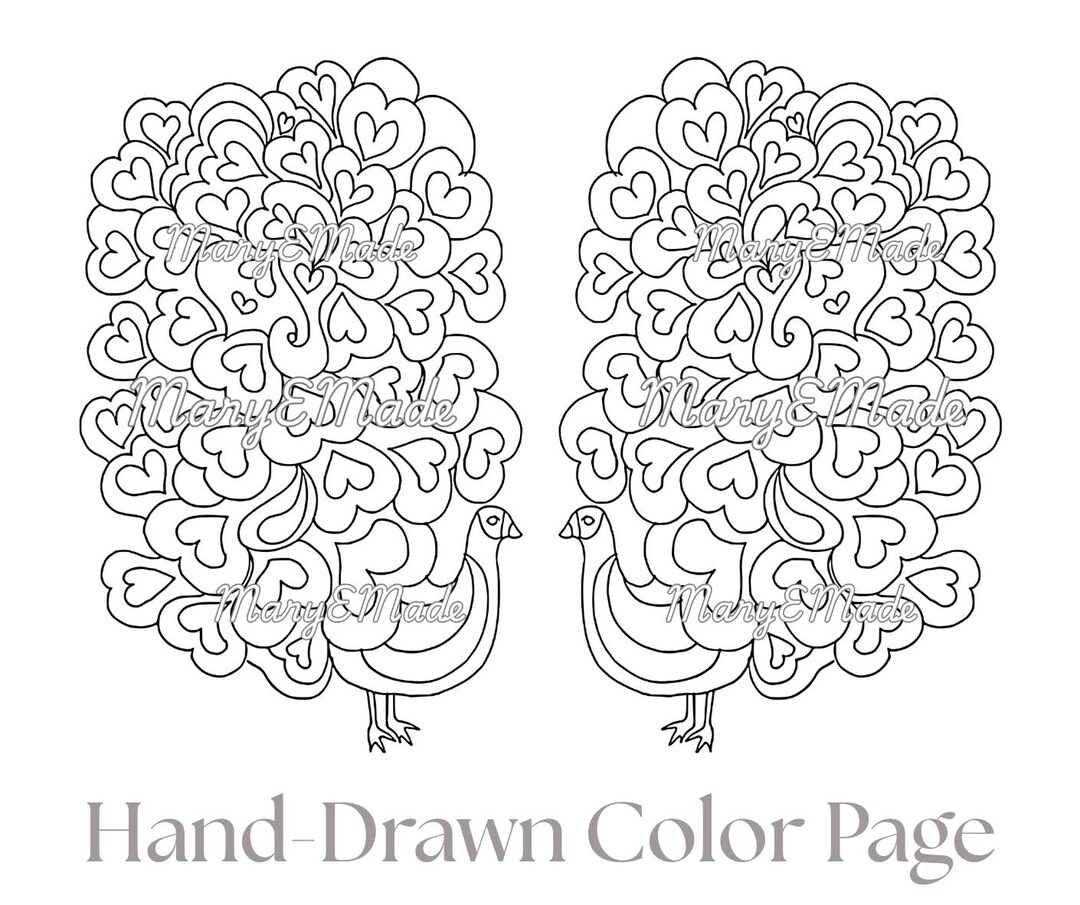 Pretty Hearts Twin Peacock Printable Color Page Original Artwork Not Ai ...