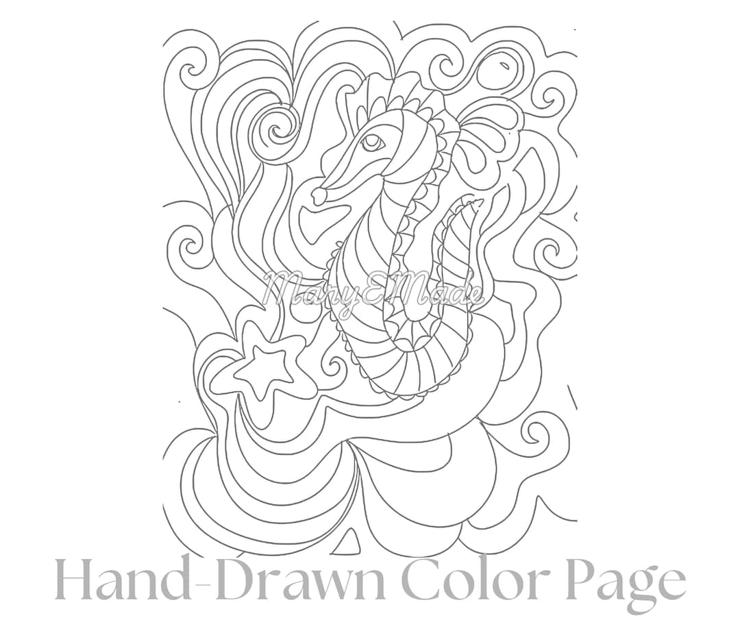 Seahorse in Ocean Printable Color Page Original Artwork Not Ai - Etsy