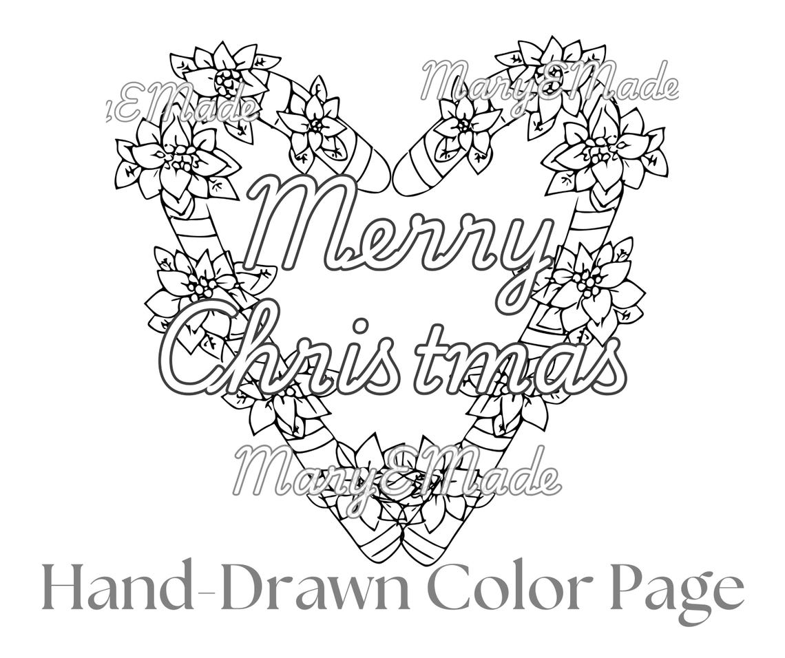 Merry Christmas Heart and Poinsettia Candy Canes Printable Color Page ...