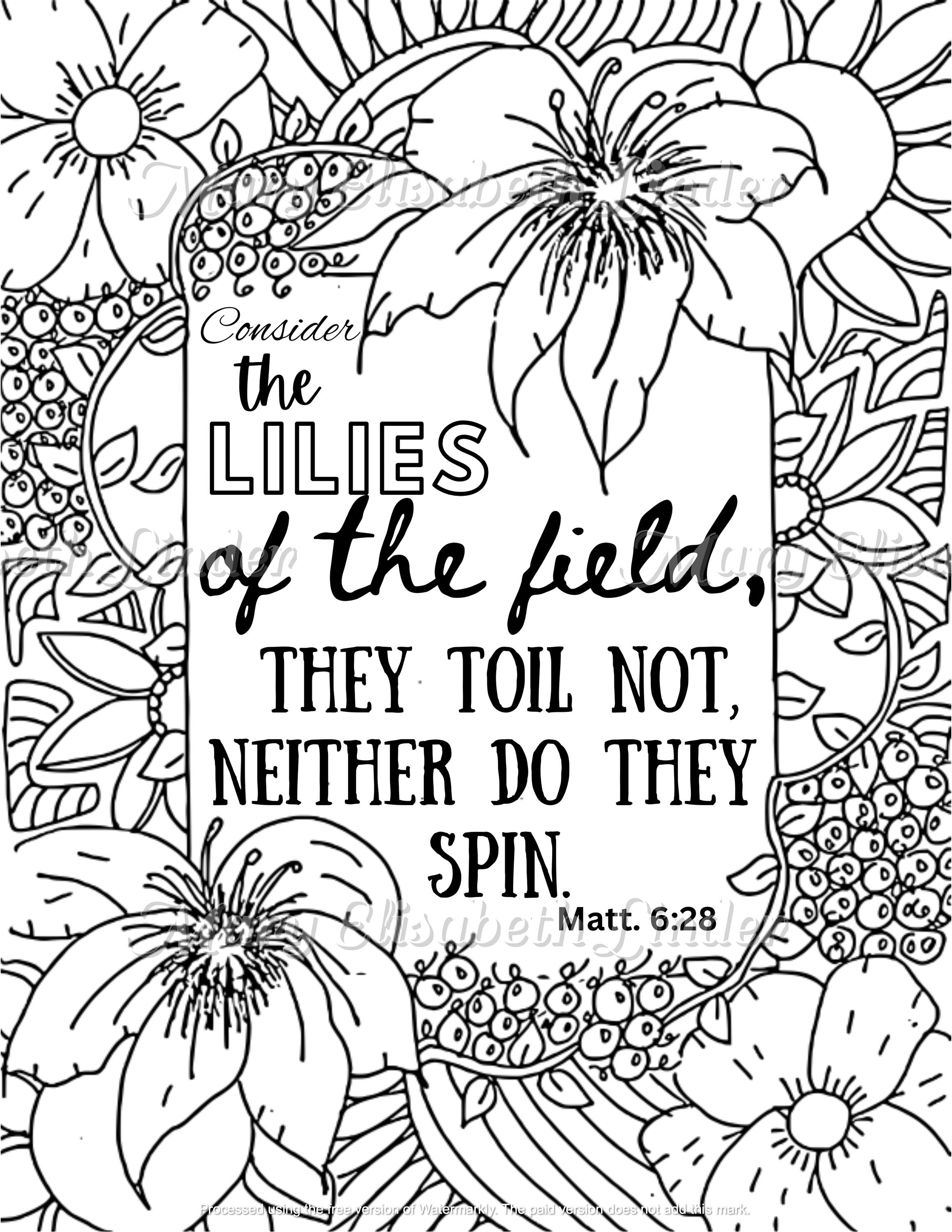 Matthew 6:28 Printable Color Page Original Artwork Not Ai - Etsy