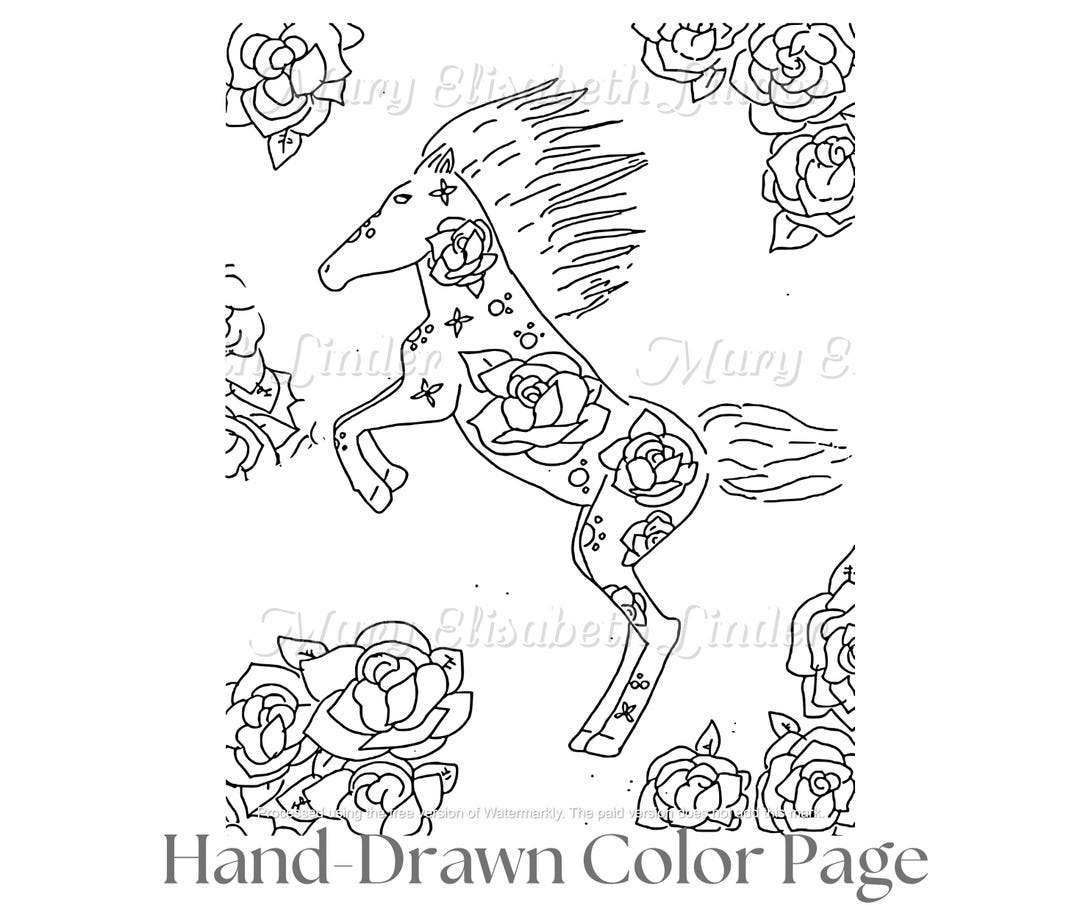 Horses and Roses Printable Color Page Original Artwork Not Ai - Etsy