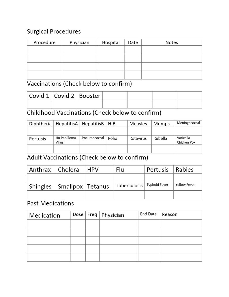 Medical History Chart Word - Etsy