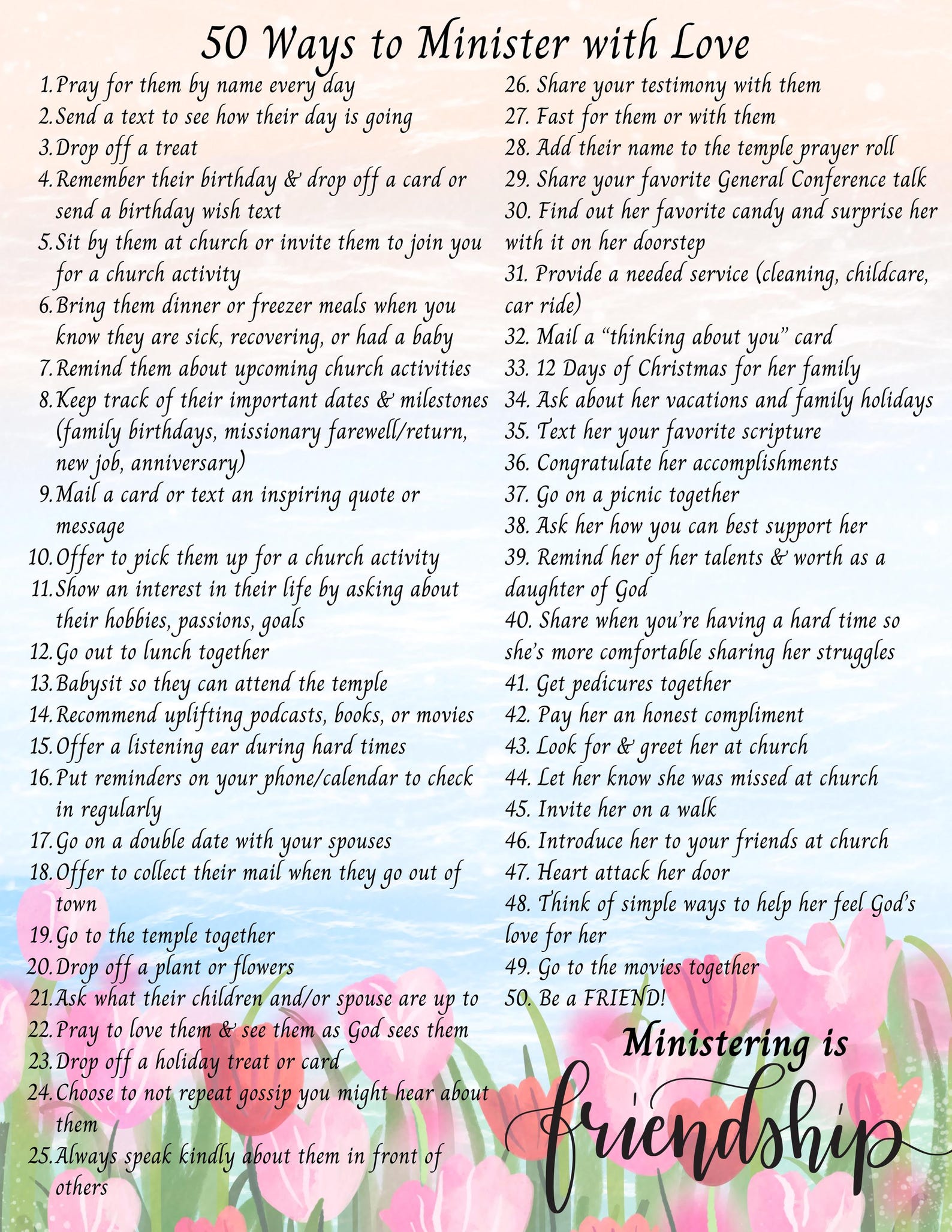 LDS Relief Society Ministering Ideas, "50 Ways to Minister With Love ...