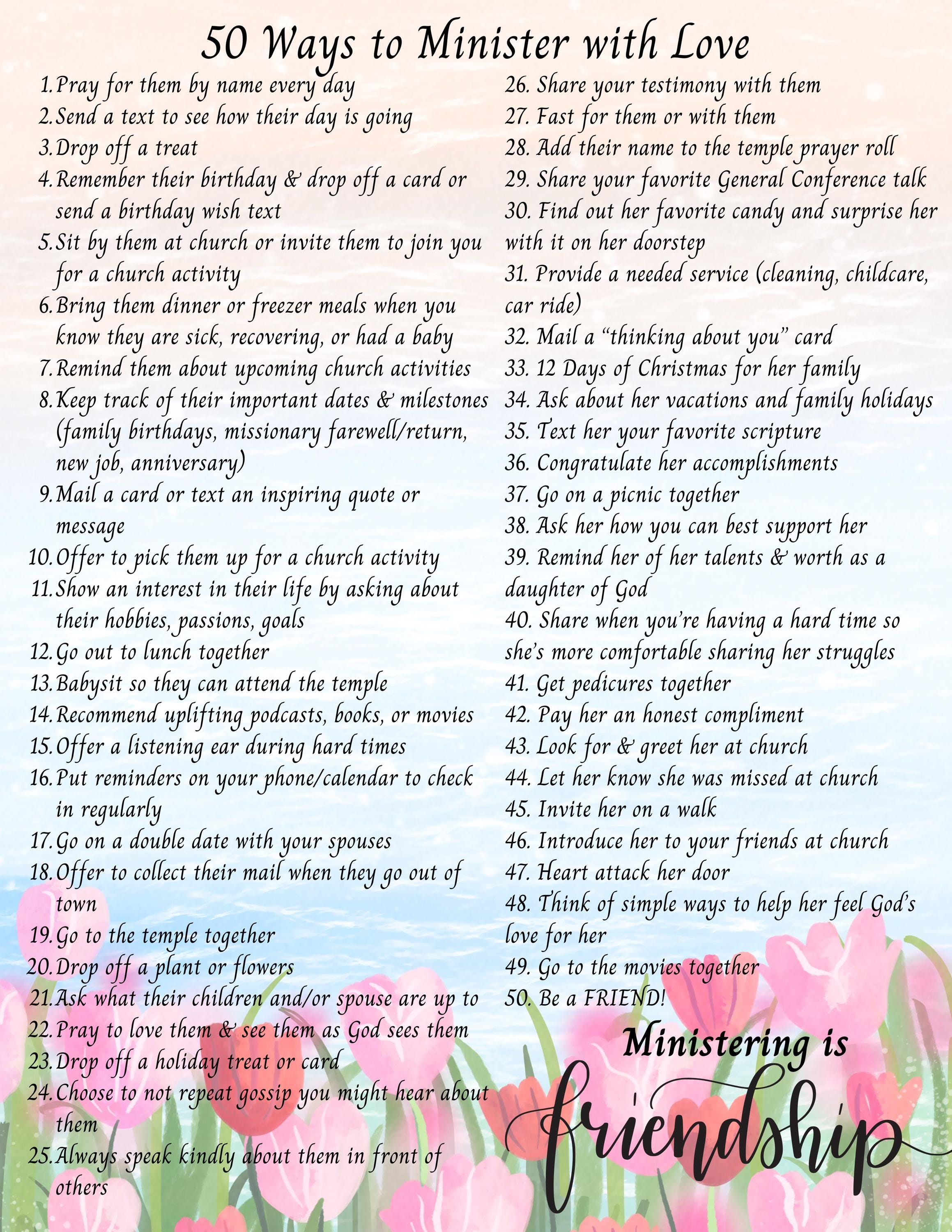 LDS Relief Society Ministering Ideas, "50 Ways to Minister With Love ...