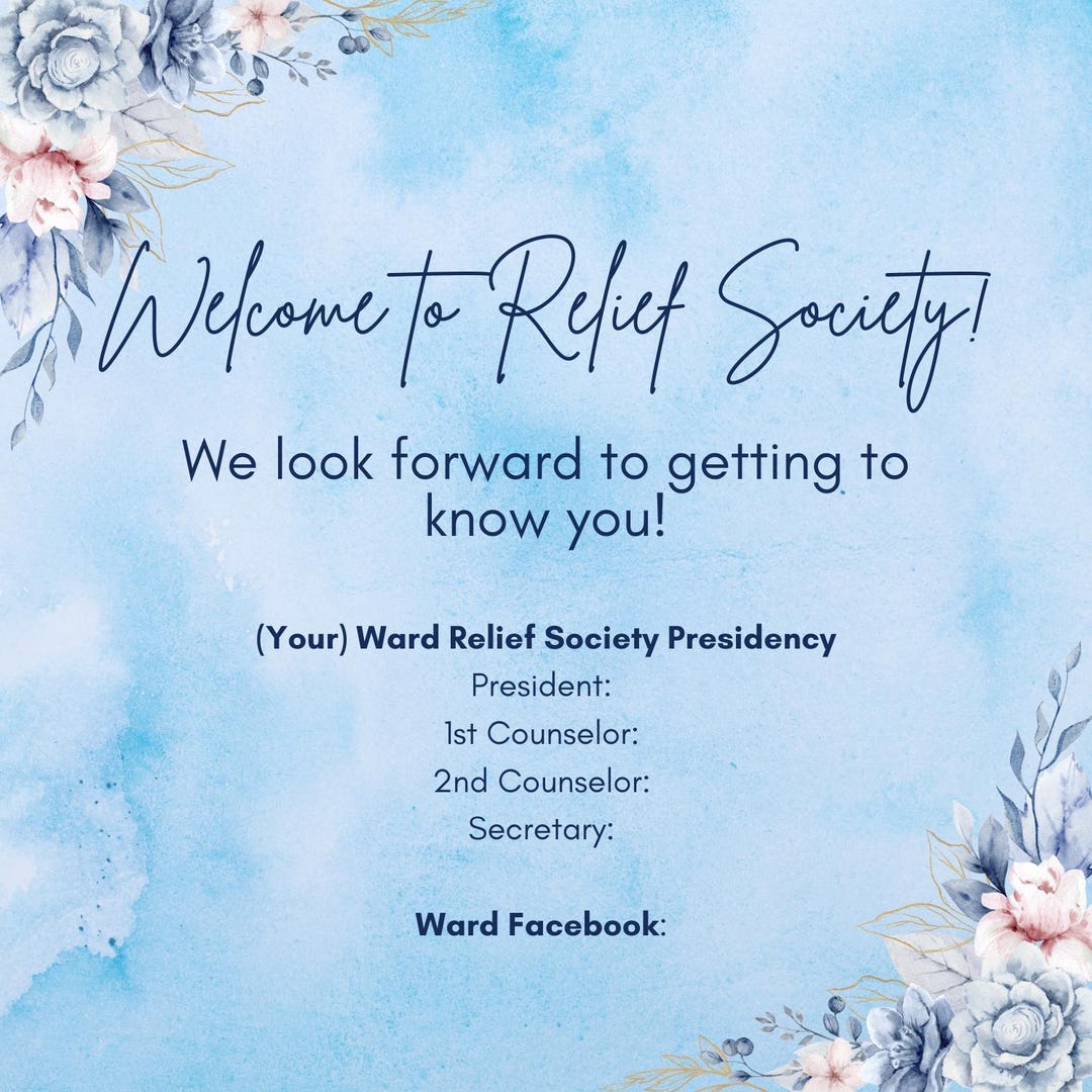 Printable LDS Welcome to Relief Society Card With Presidency Contact ...
