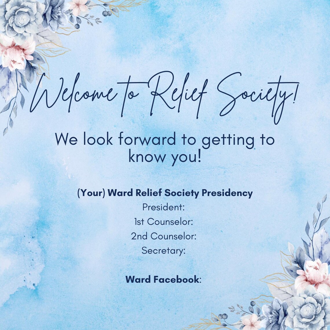 Printable LDS Welcome to Relief Society Card With Presidency Contact ...