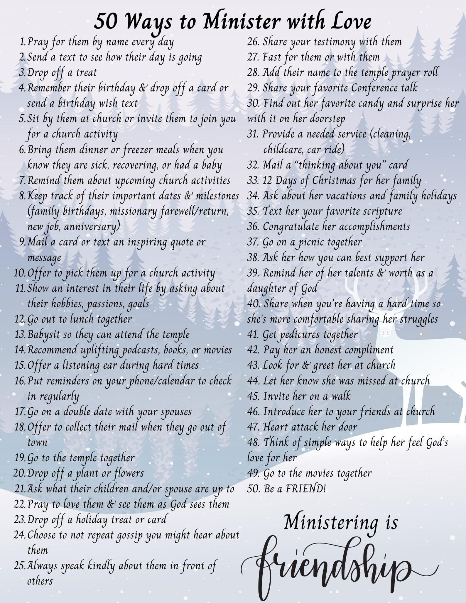 LDS Relief Society Ministering Ideas, Winter Theme "50 Ways to Minister ...