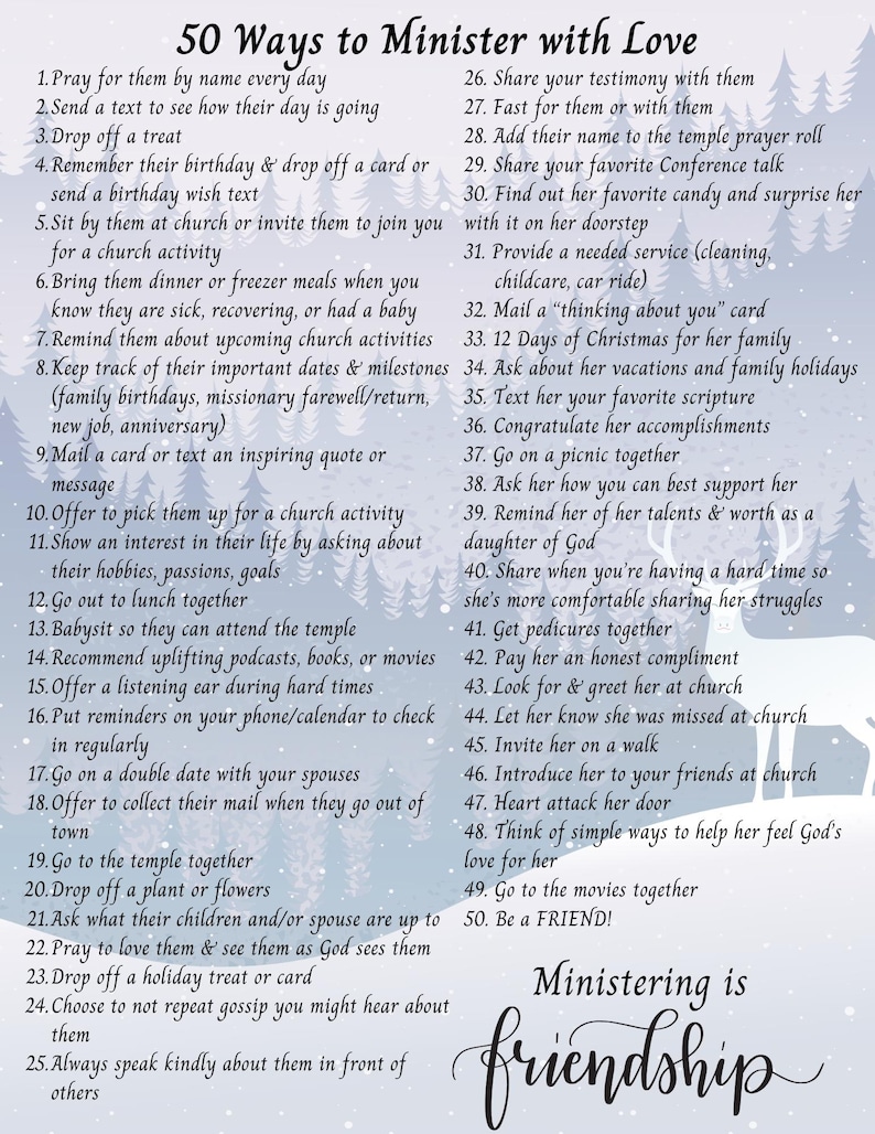 LDS Relief Society Ministering Ideas, Winter Theme "50 Ways to Minister ...