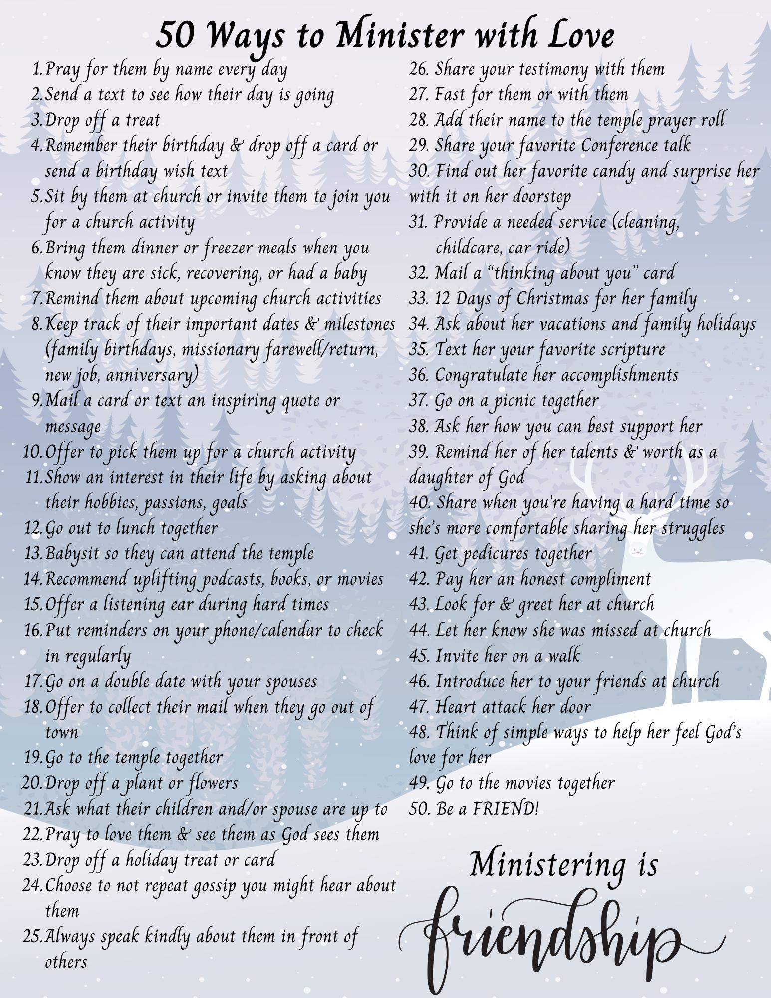LDS Relief Society Ministering Ideas, Winter Theme "50 Ways to Minister ...