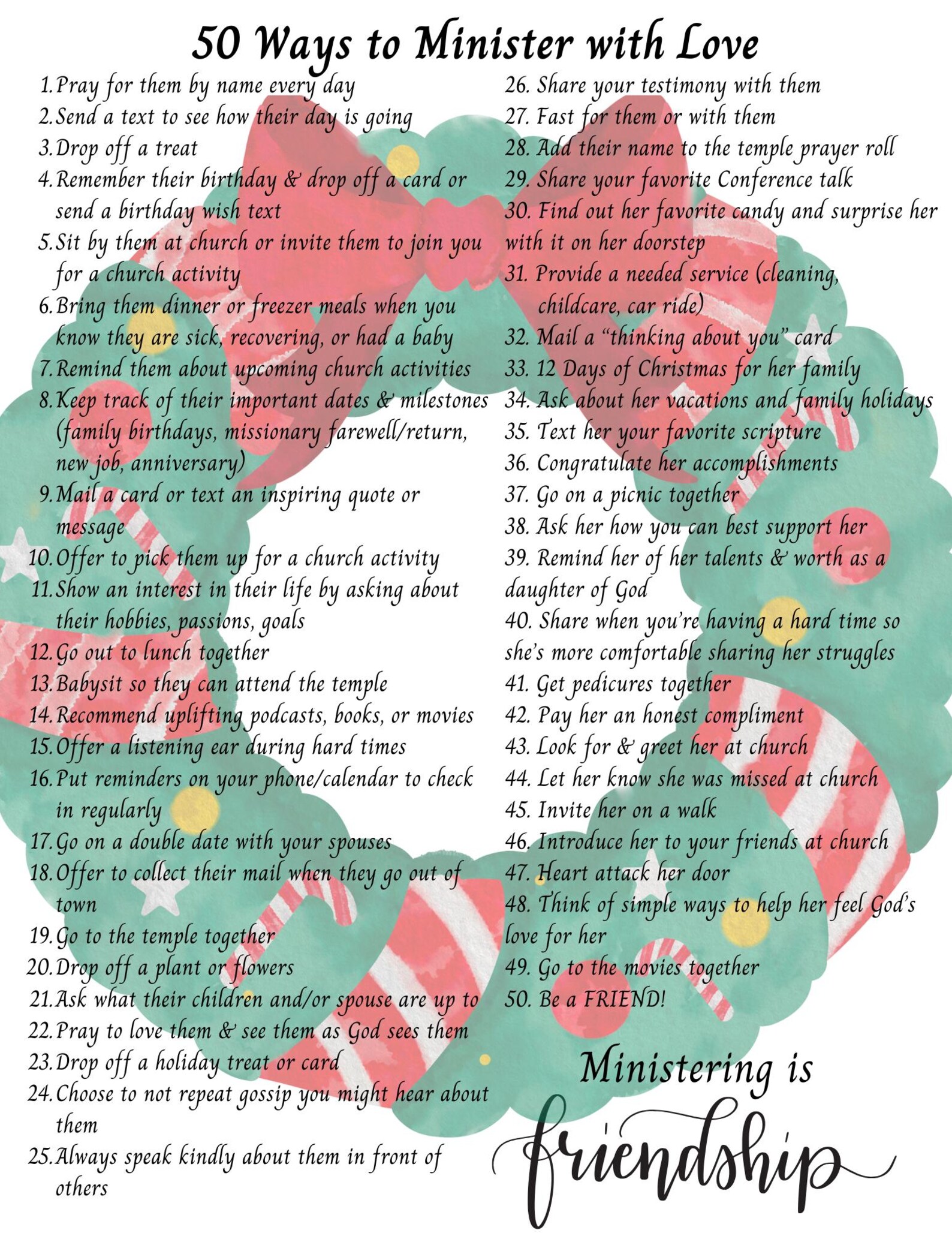 LDS Relief Society Ministering Ideas, Christmas Theme "50 Ways to ...