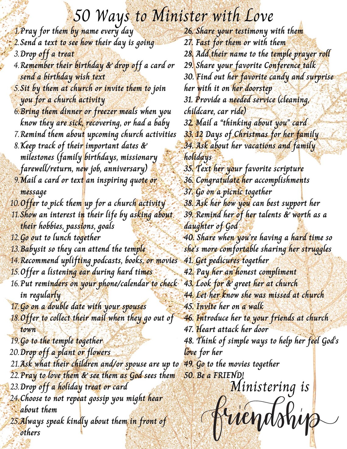 LDS Relief Society Ministering Ideas, Fall Theme "50 Ways to Minister ...