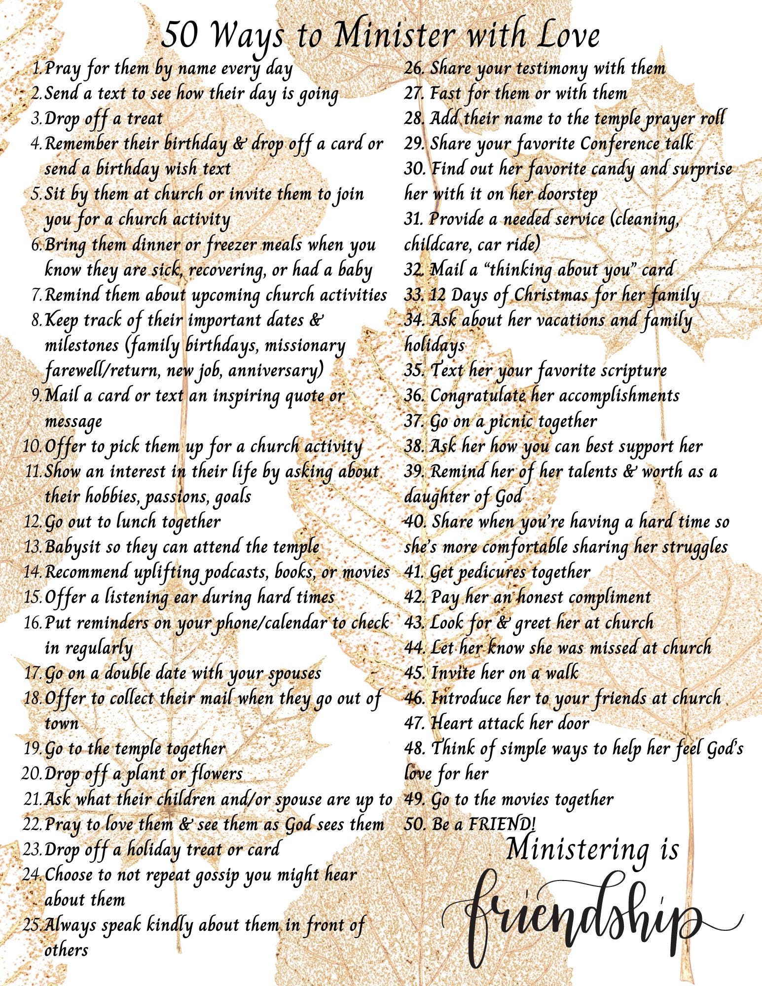 LDS Relief Society Ministering Ideas, Fall Theme "50 Ways to Minister ...