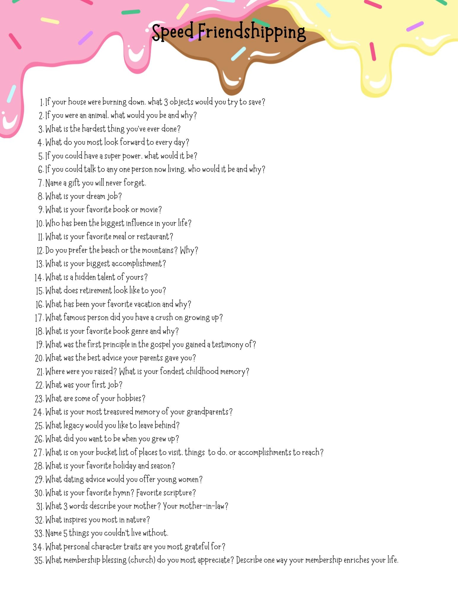 LDS Relief Society Speed Friendshipping Questions, Digital Download ...