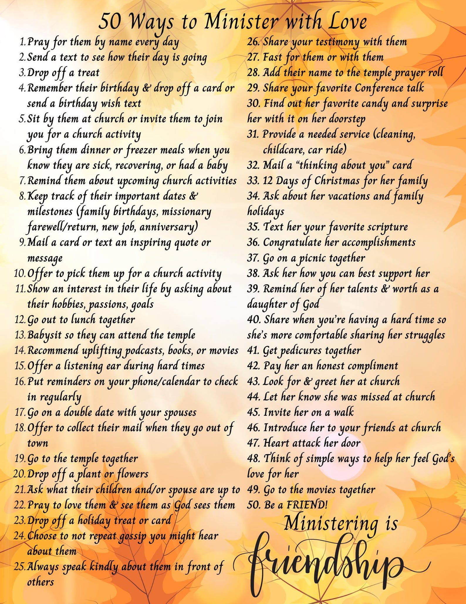 LDS Relief Society Ministering Ideas, Fall Theme 50 Ways to Minister ...