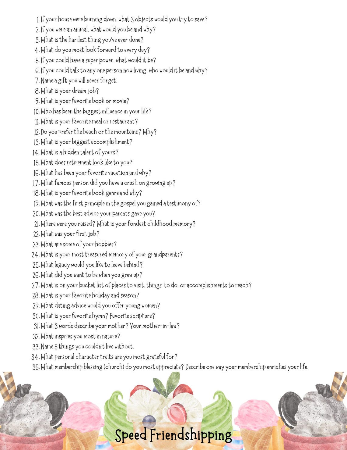 LDS Relief Society Speed Friendshipping Questions, Digital Download ...