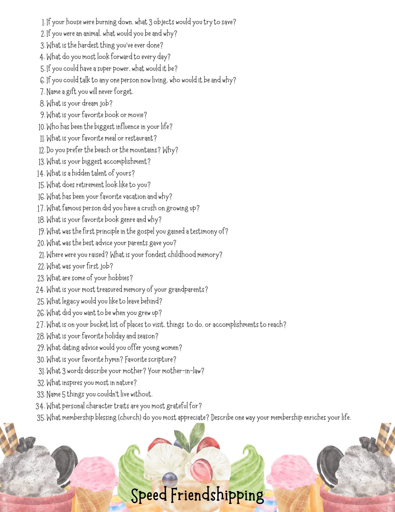 LDS Relief Society Speed Friendshipping Questions, Digital Download ...