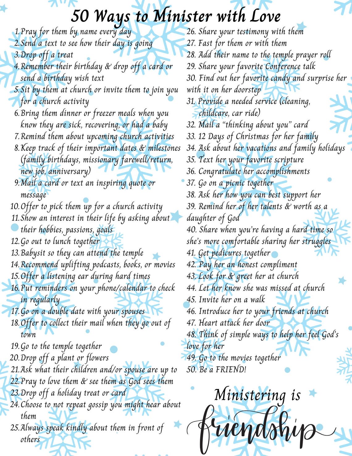 LDS Relief Society Ministering Ideas, Winter Theme "50 Ways to Minister ...