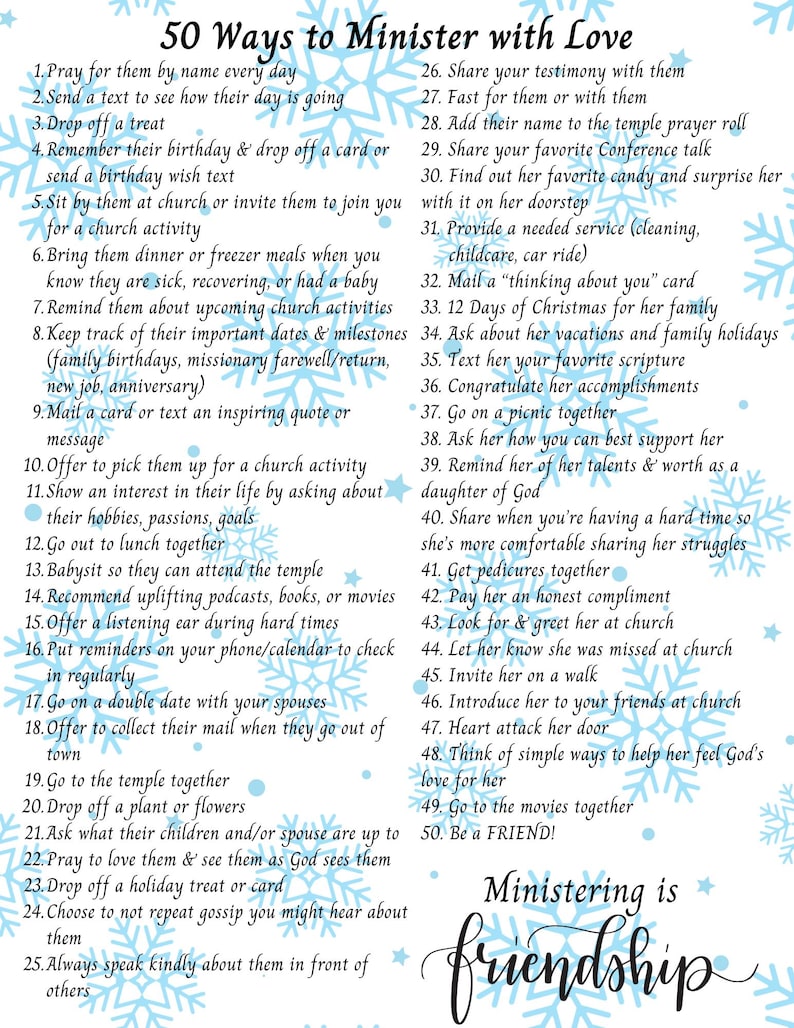 LDS Relief Society Ministering Ideas, Winter Theme "50 Ways to Minister ...