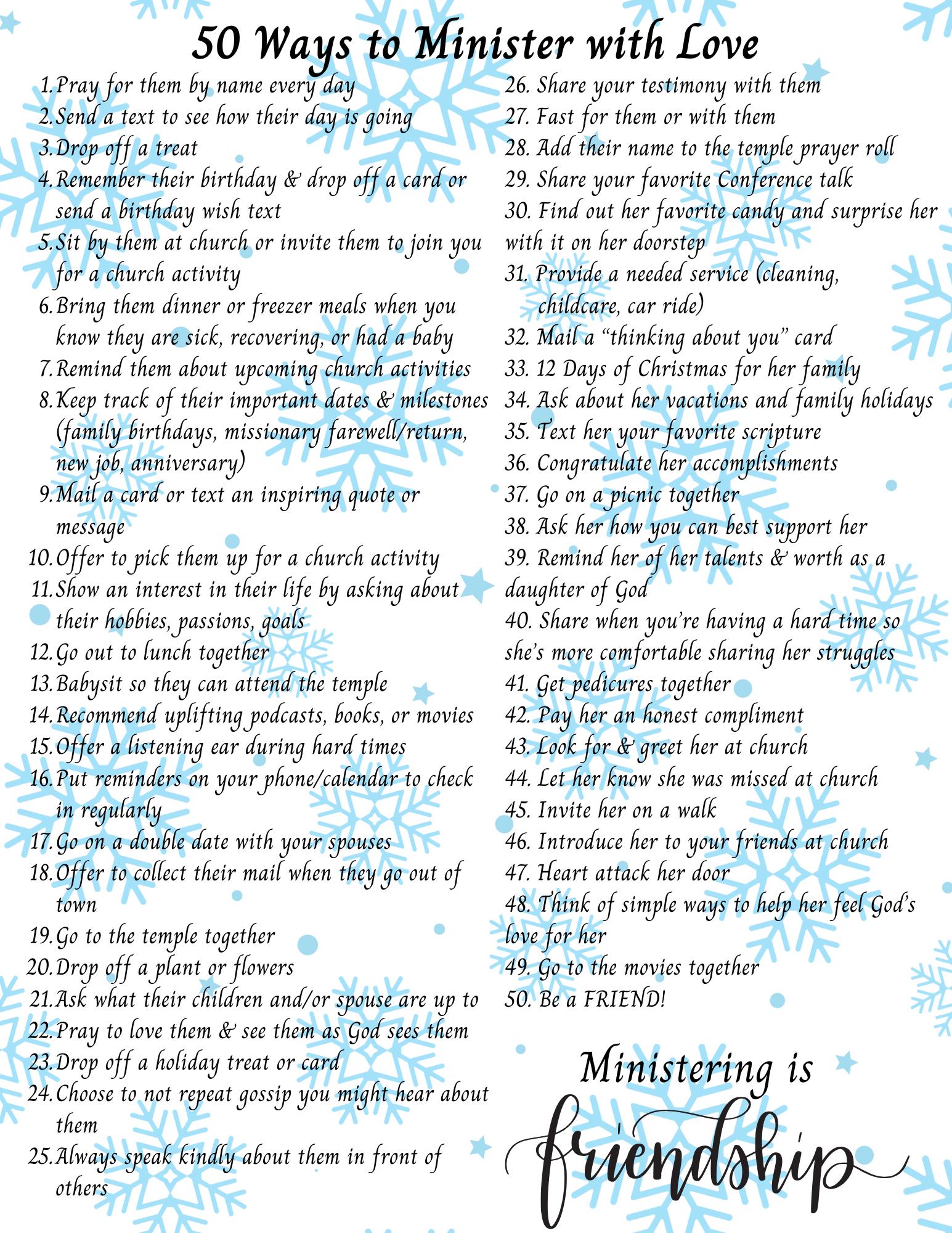 LDS Relief Society Ministering Ideas, Winter Theme "50 Ways to Minister ...