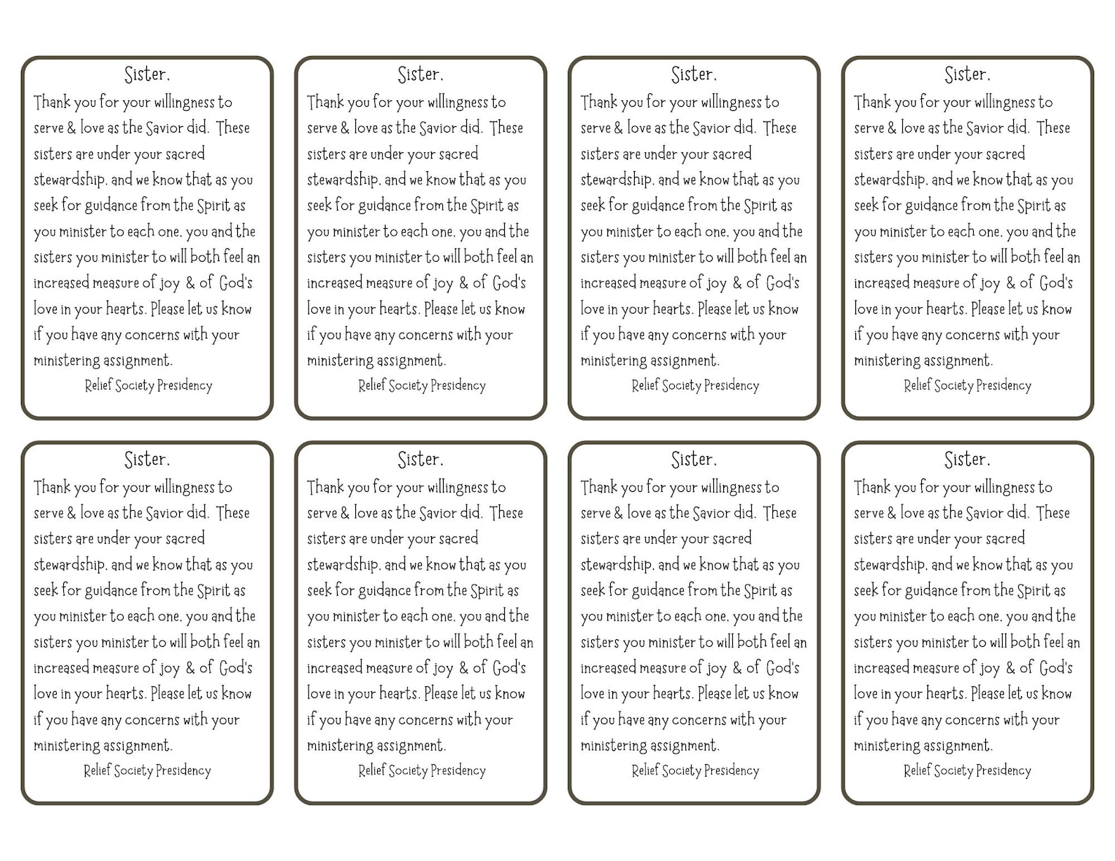 LDS Relief Society Ministering Notes to Sisters, Printable Cards to ...