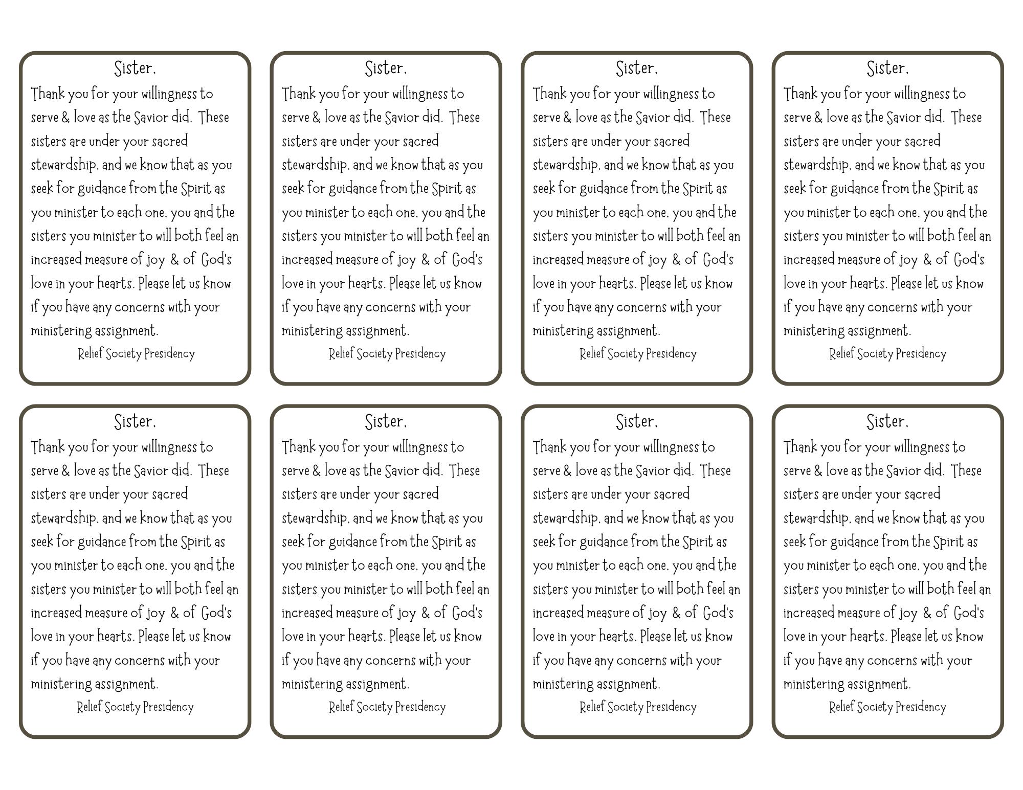 LDS Relief Society Ministering Notes to Sisters, Printable Cards to ...