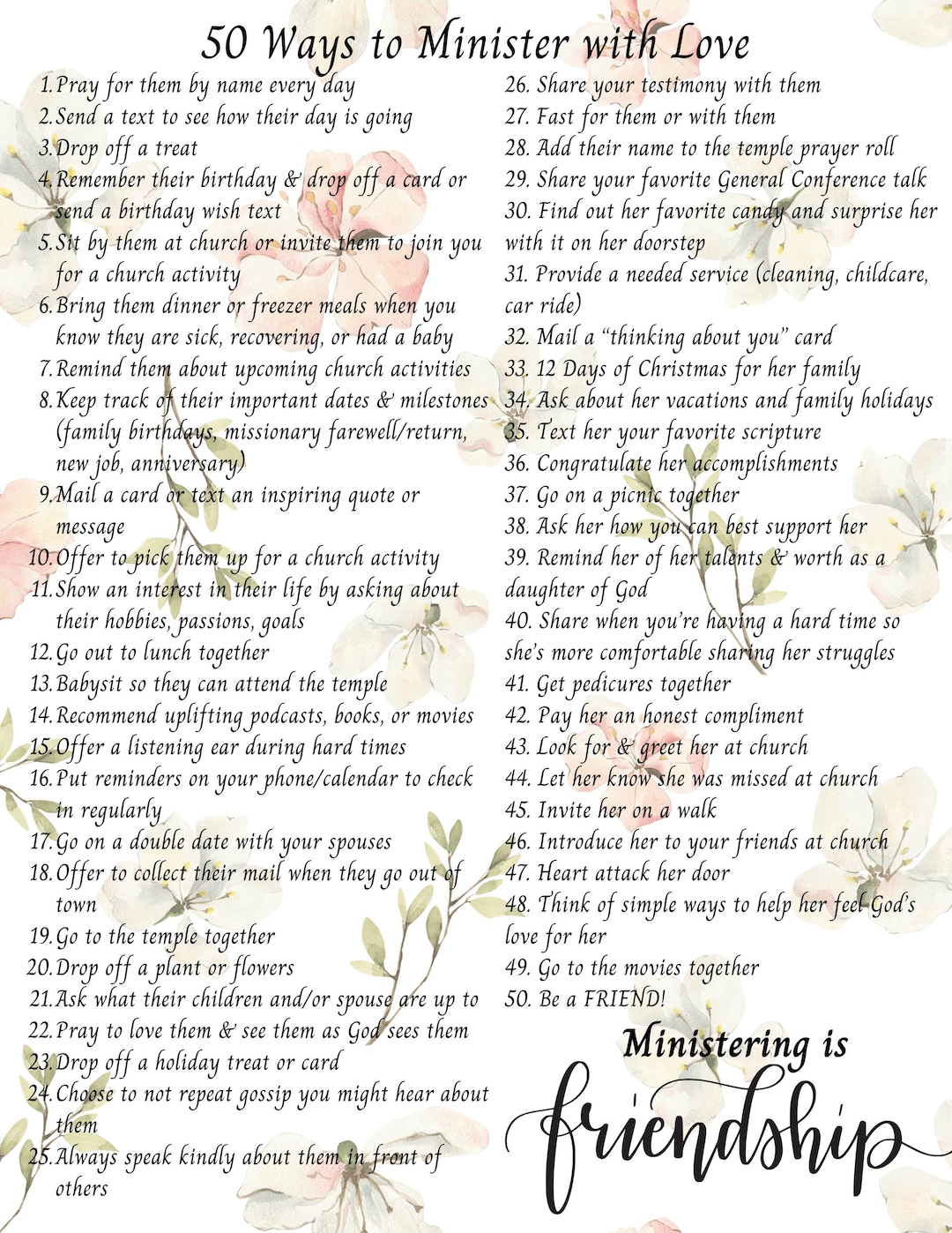 LDS Relief Society Ministering Ideas, "50 Ways to Minister With Love ...