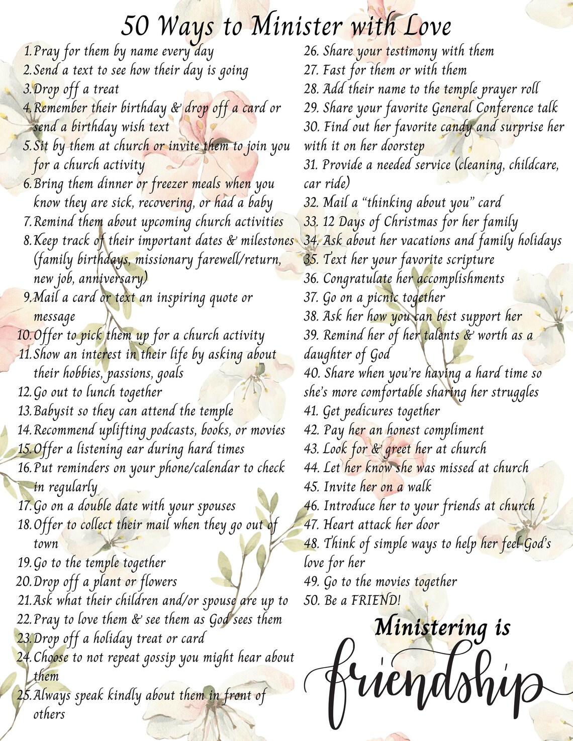 LDS Relief Society Ministering Ideas, "50 Ways to Minister With Love ...