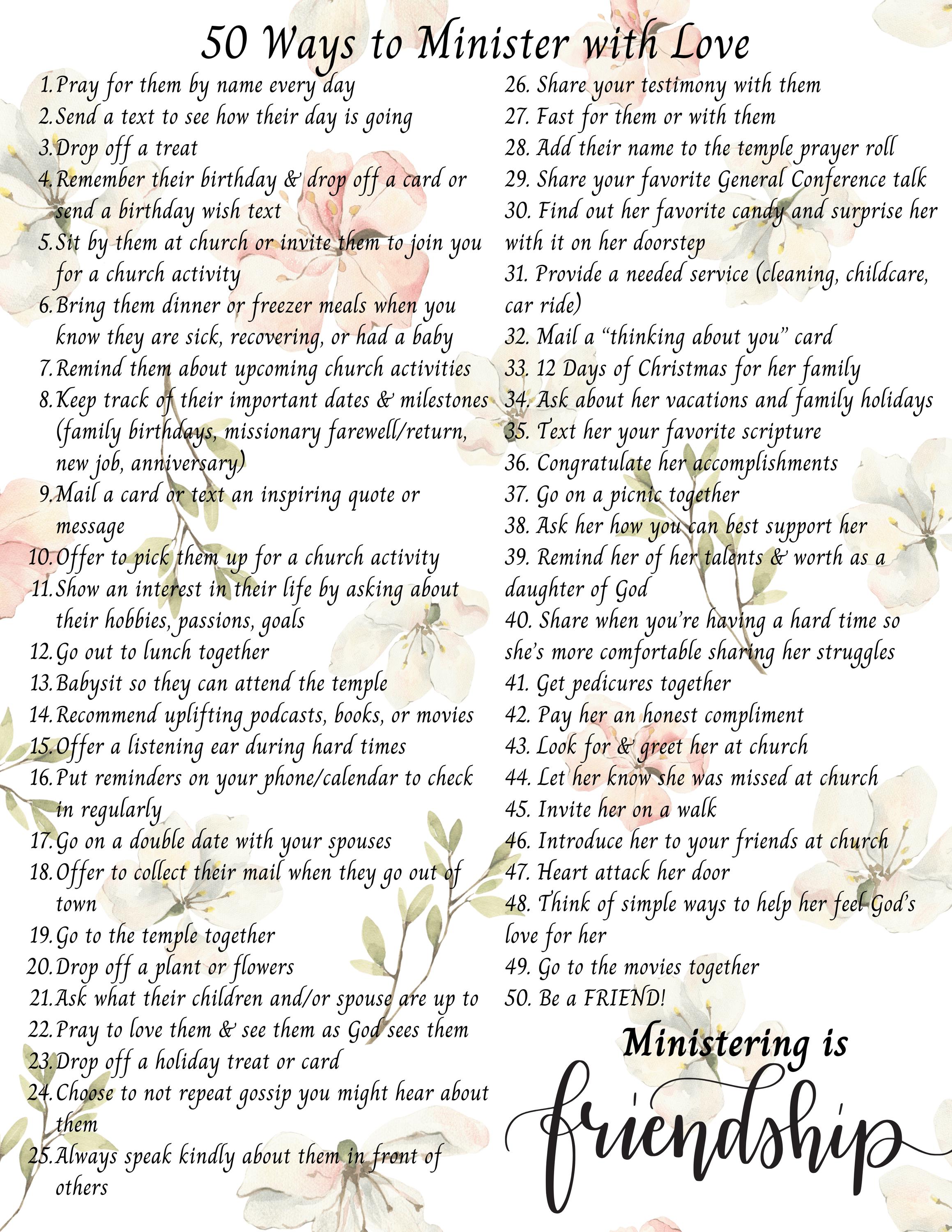 LDS Relief Society Ministering Ideas, "50 Ways to Minister With Love ...