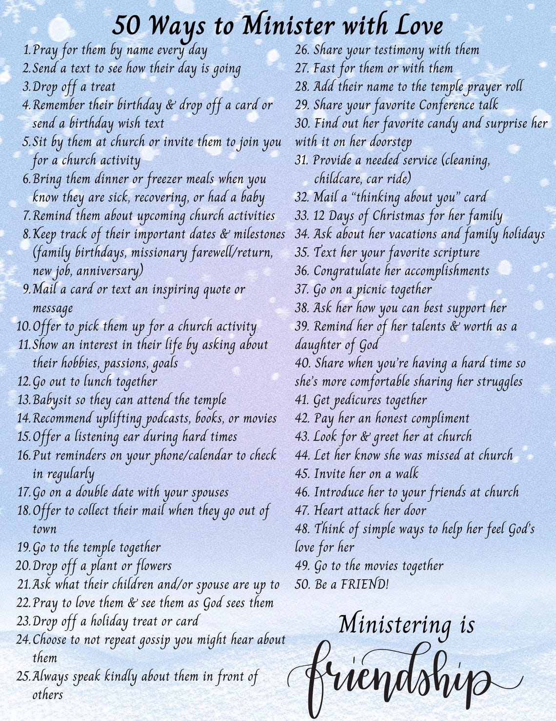 LDS Relief Society Ministering Ideas, Winter Theme "50 Ways to Minister ...