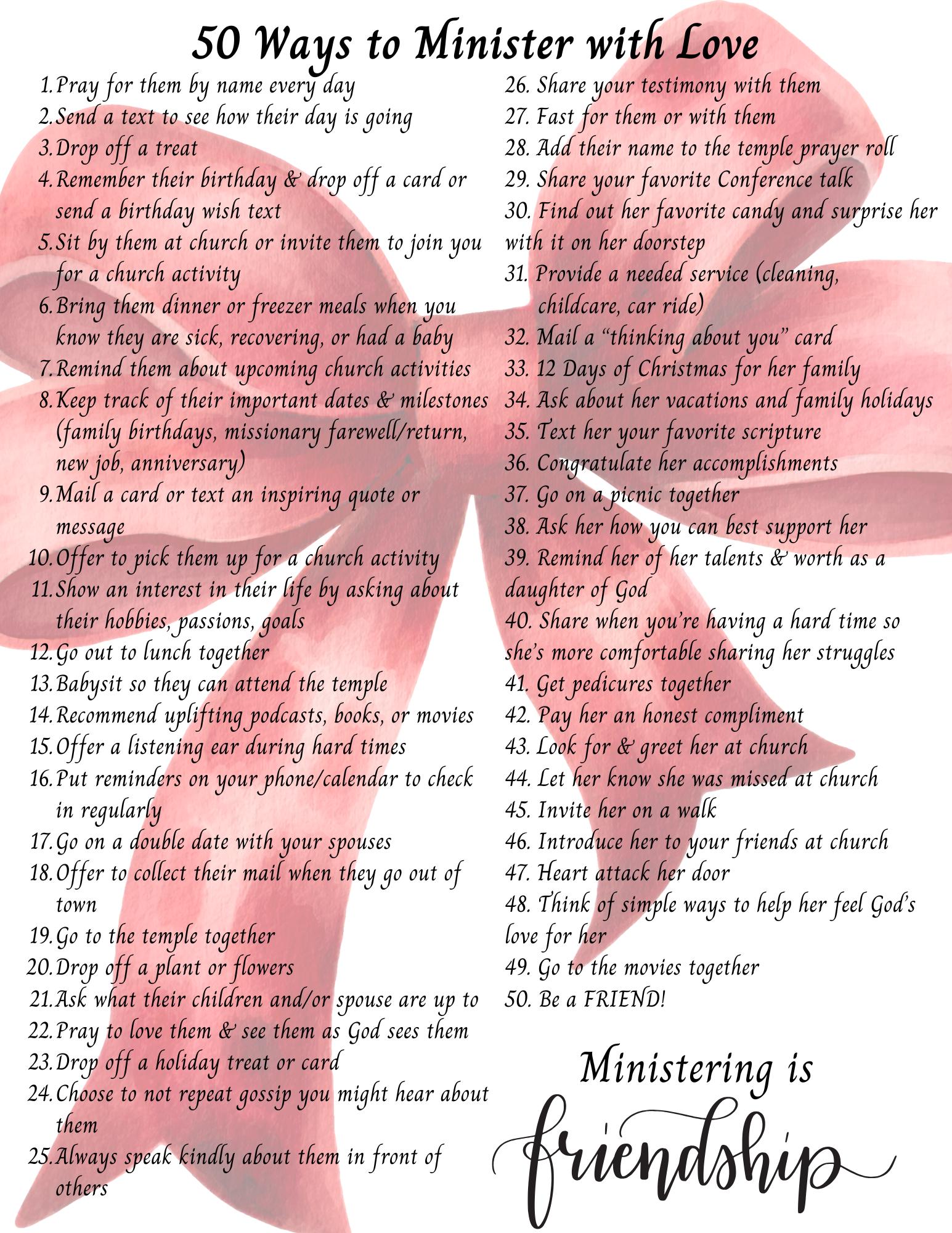 LDS Relief Society Ministering Ideas, Christmas Theme "50 Ways to ...