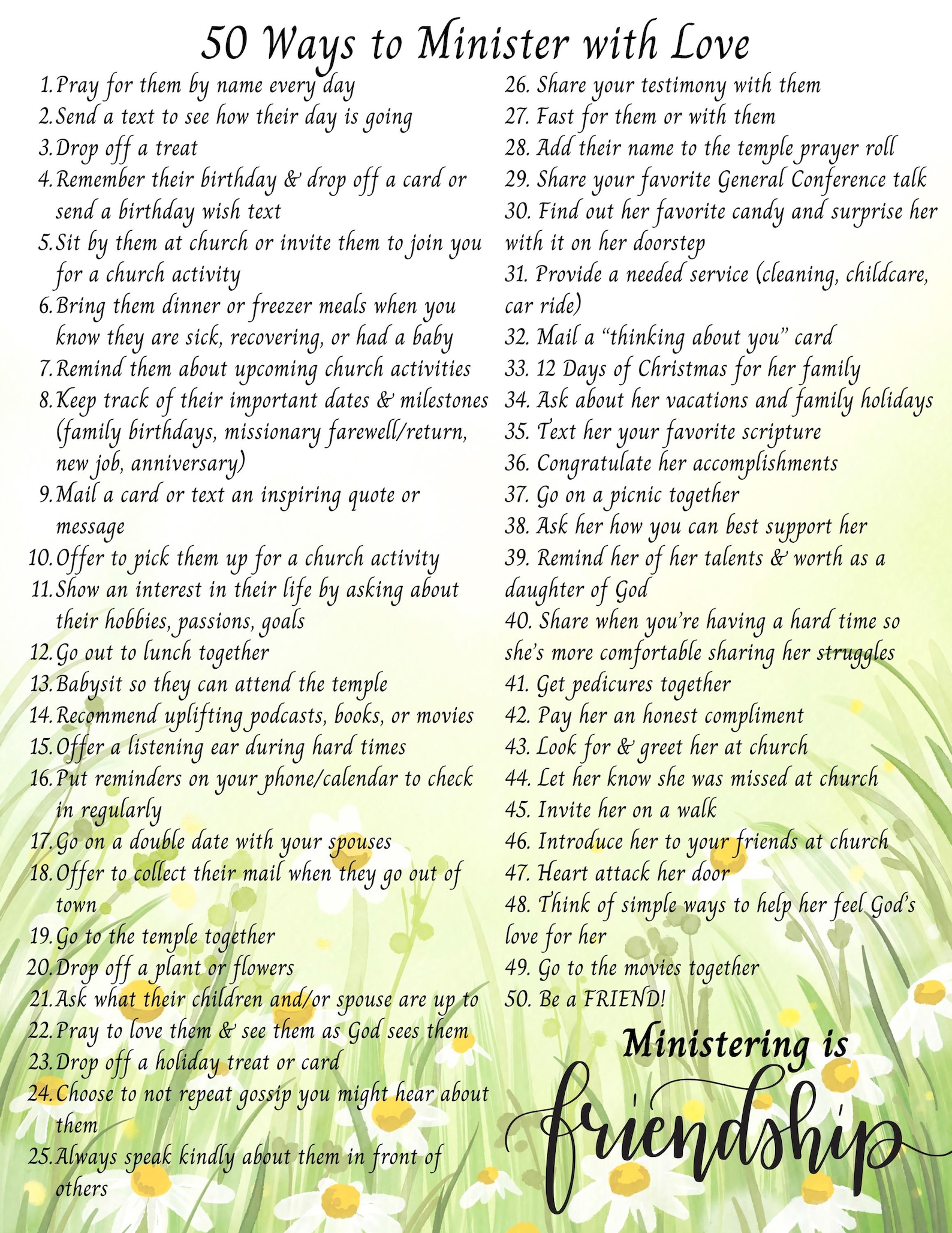 LDS Relief Society Ministering Ideas, "50 Ways to Minister With Love ...