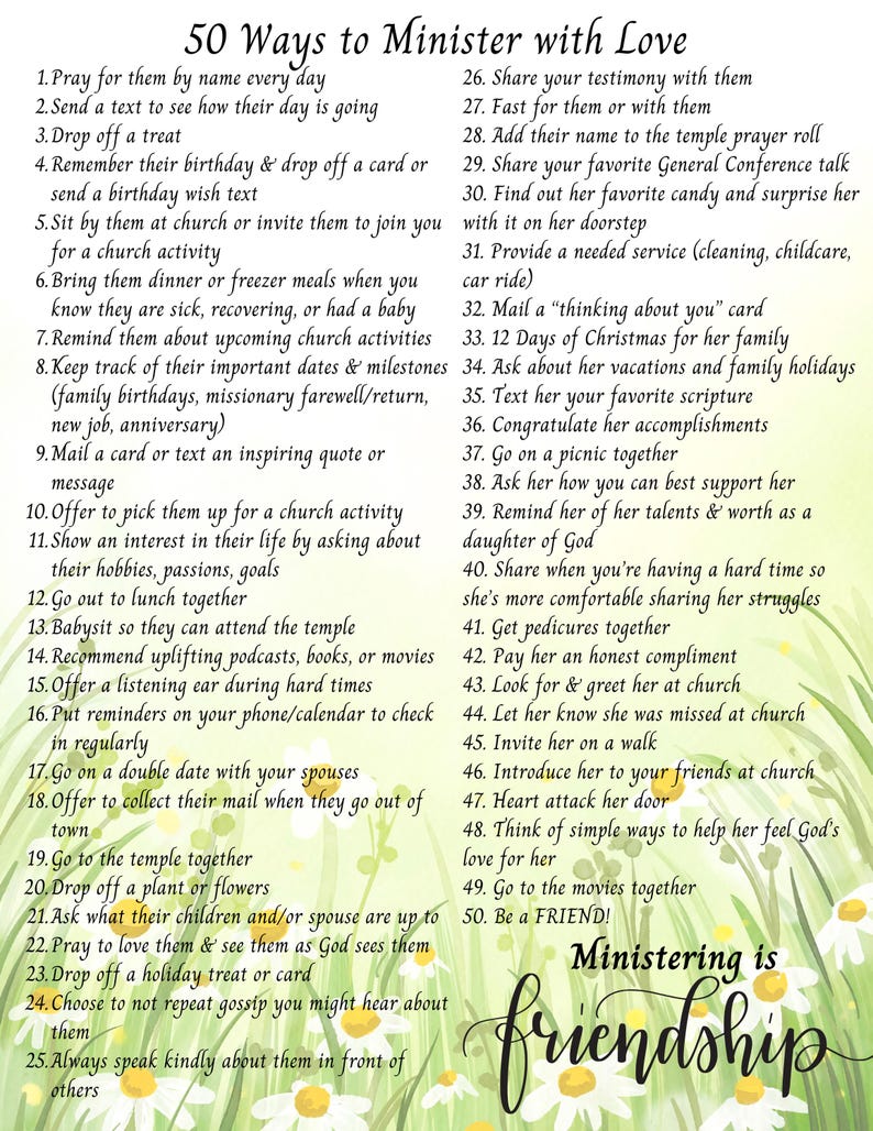 LDS Relief Society Ministering Ideas, "50 Ways to Minister With Love ...