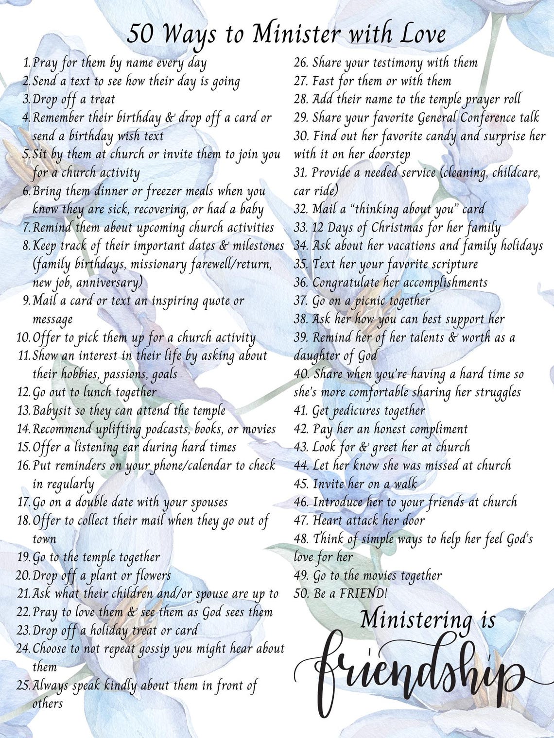 LDS Relief Society Ministering Ideas, "50 Ways to Minister With Love ...